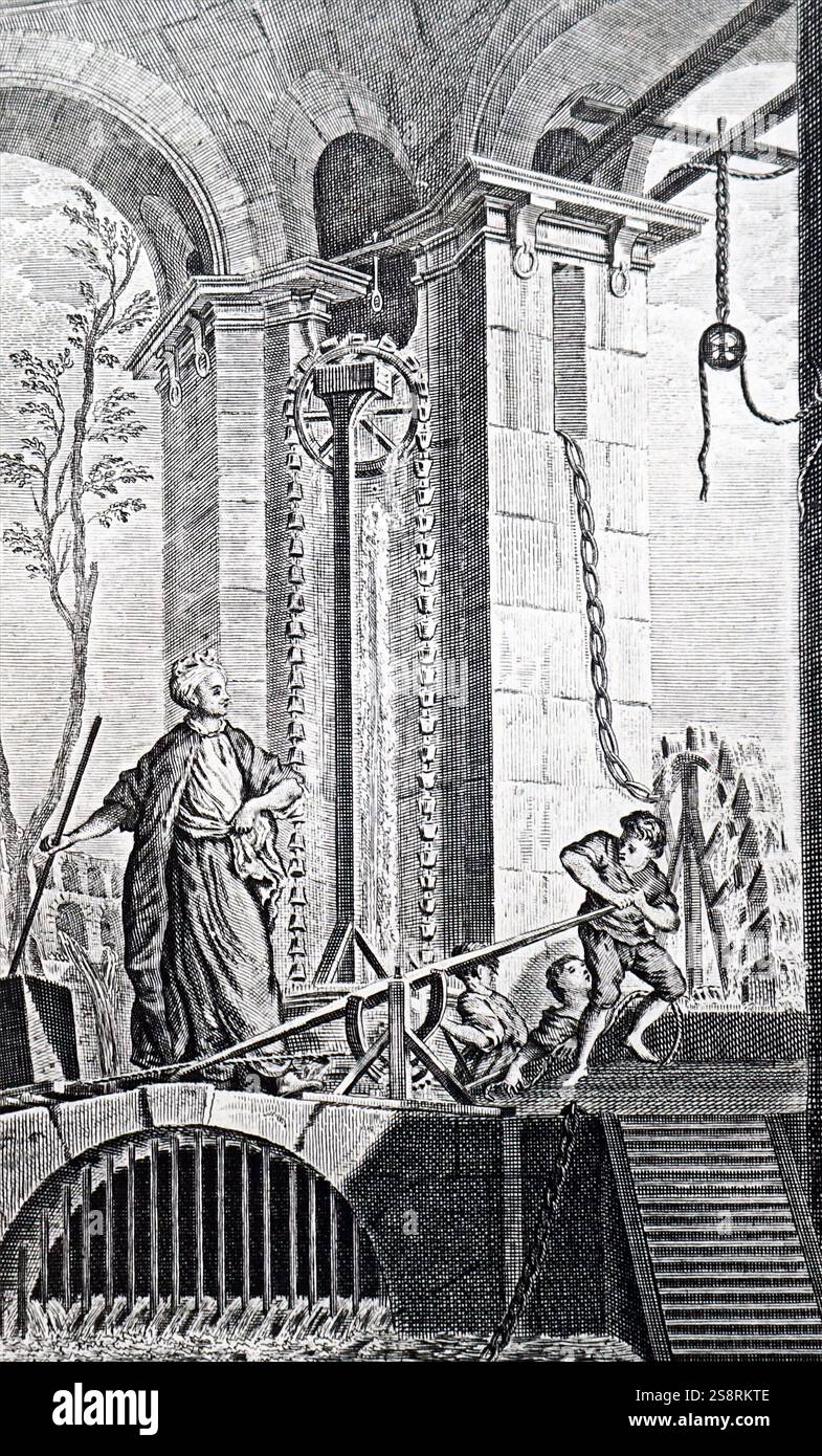 Engraving depicting a pulley-system with chains and levers. Dated 18th ...