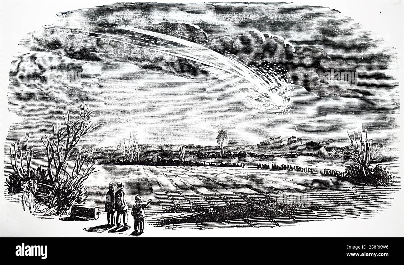 Engraving depicting a meteor flying over England. Dated 19th Century ...