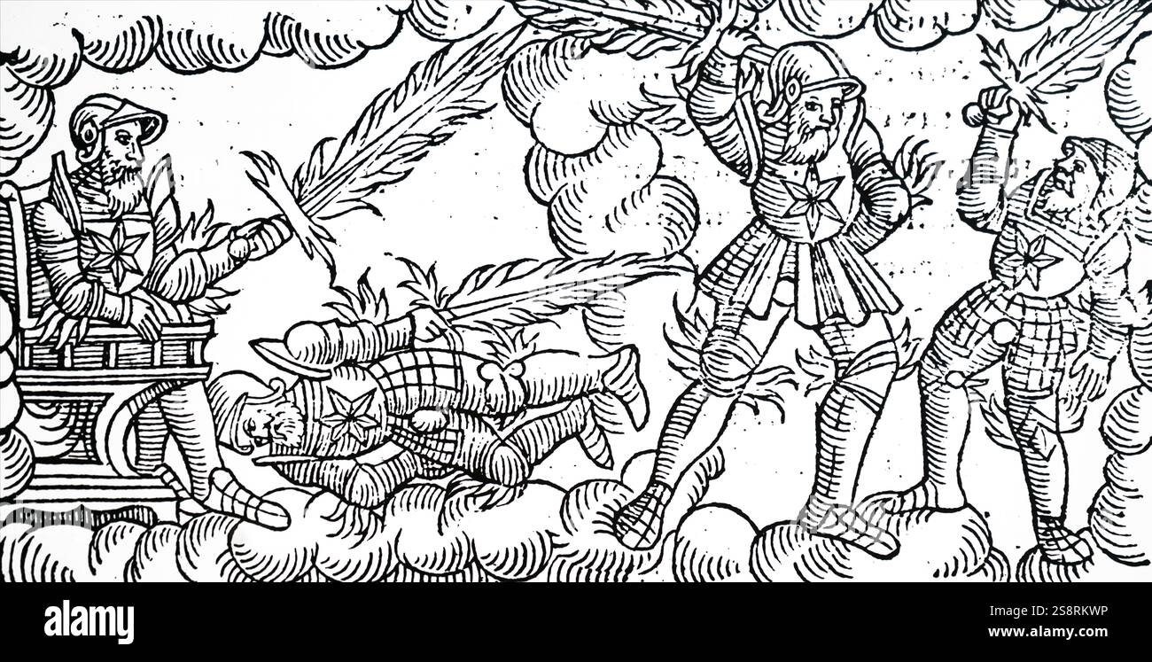 Engraving depicting an ancient meteor shower shown as knights fighting ...