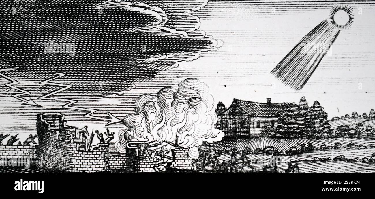 Engraving depicting a bolide meteor falling to earth during the day ...