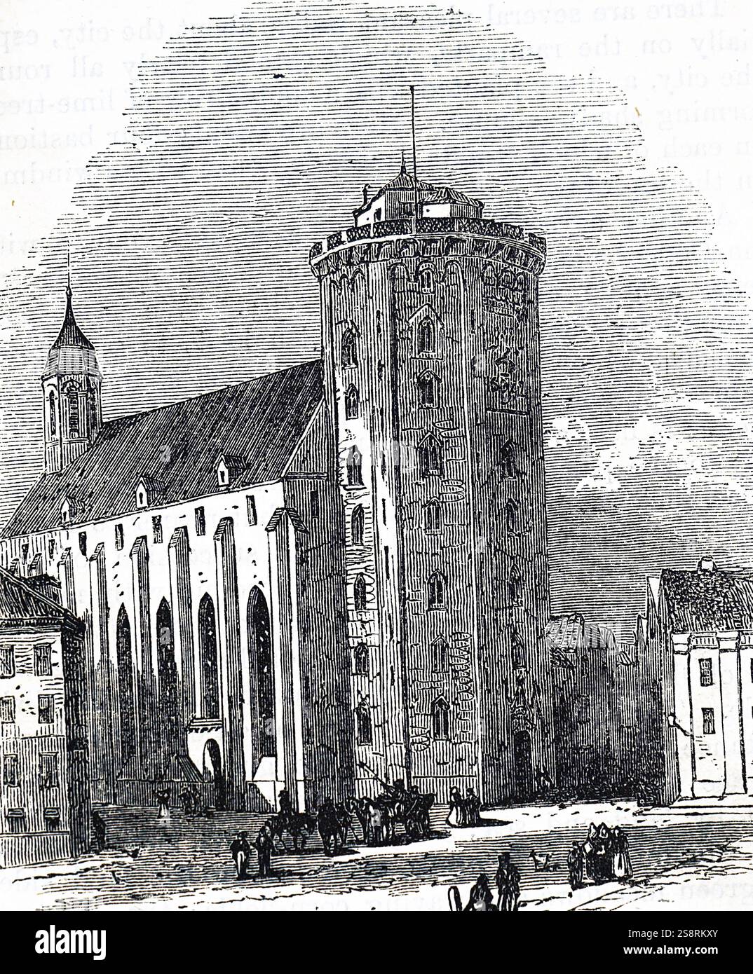 Engraving depicting the Rundetaarn, a 17th-century tower located in central Copenhagen, Denmark ...