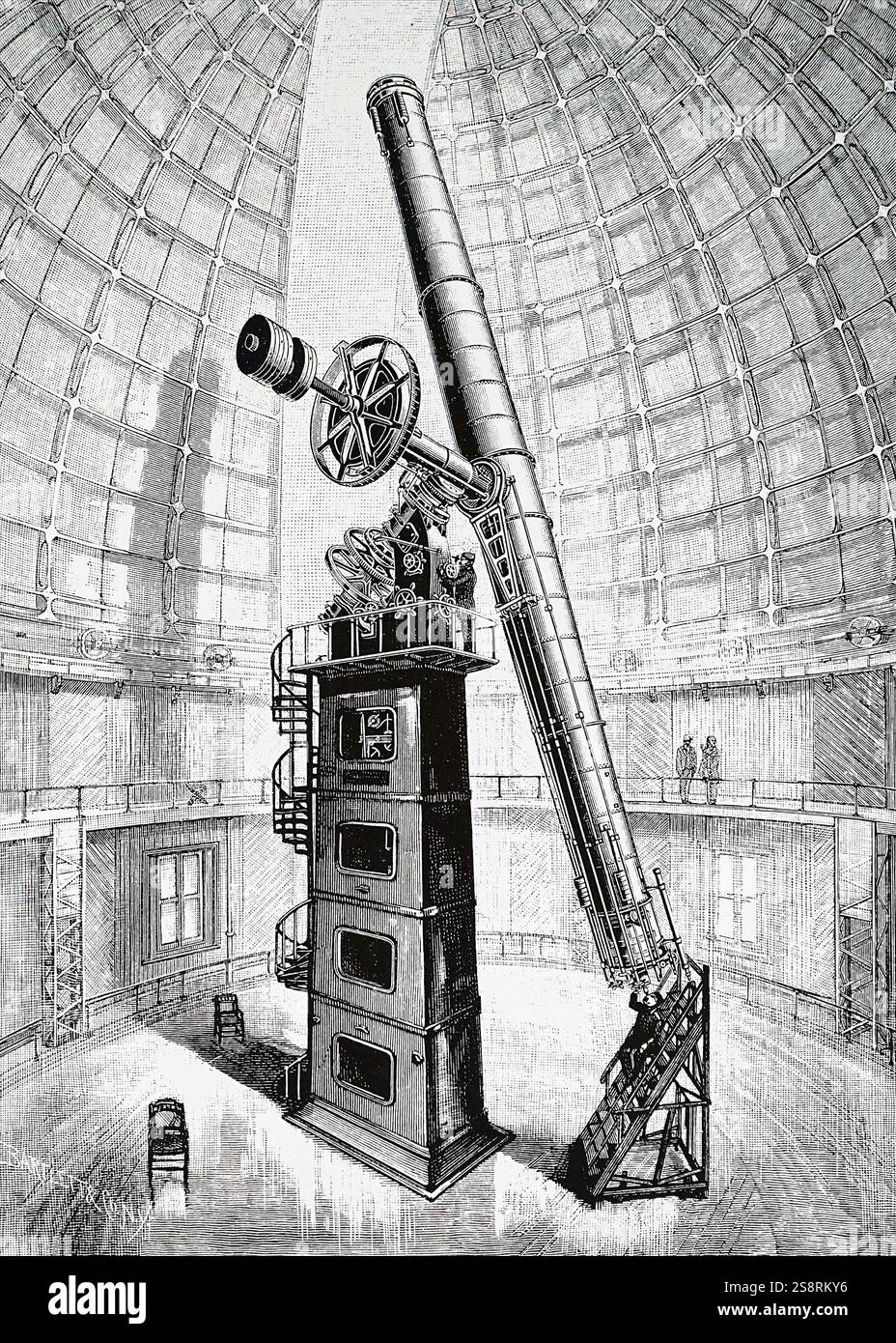 Engraving depicting the Crossley telescope, a 36-inch (910 mm ...