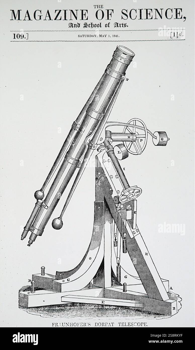 Engraving depicting a refracting telescope built by Joseph von ...