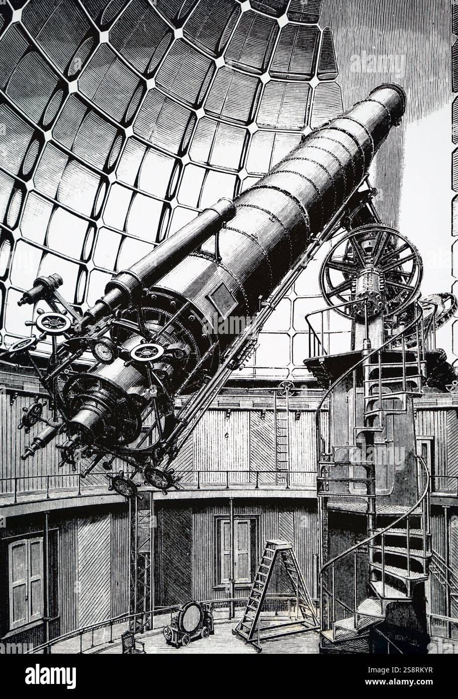 Engraving depicting the Crossley telescope, a 36-inch (910 mm ...