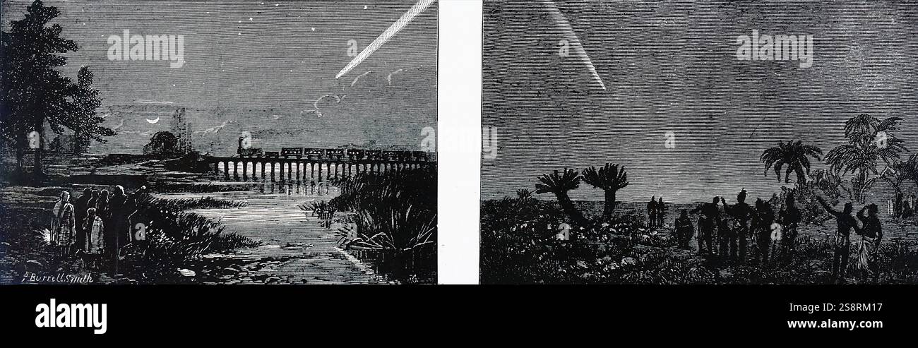 Engraving depicting the Great Comet of 1882 seen from India (left) and ...