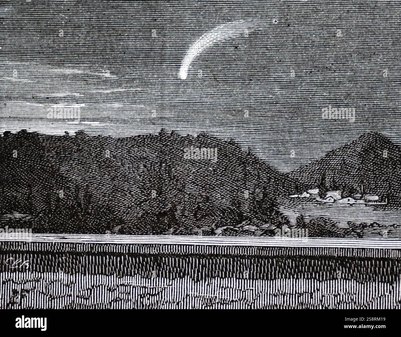 Engraving depicting Comet Klinkerfues flying across the night sky ...