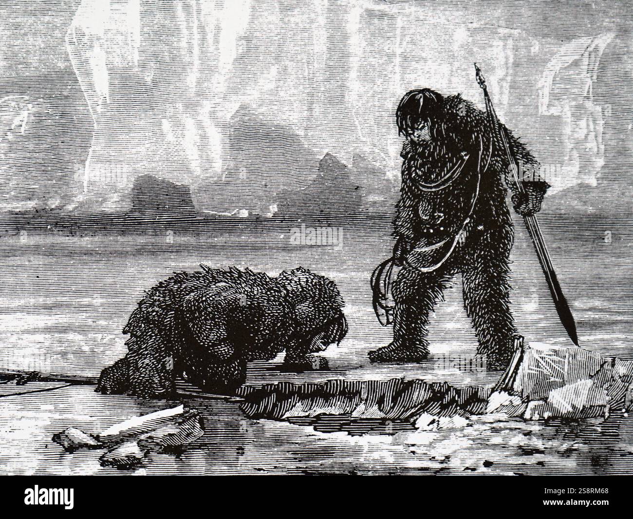 Engraving depicting an Eskimo hunting a seal. The Eskimo are the ...