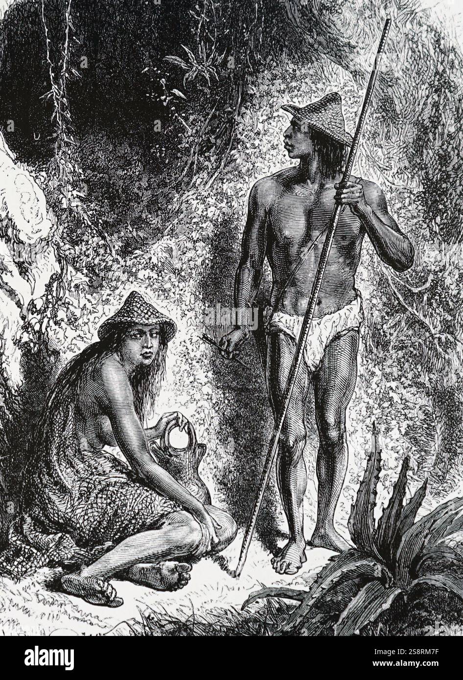 Engraving depicting a Native American Indian using a blow-pipe for ...