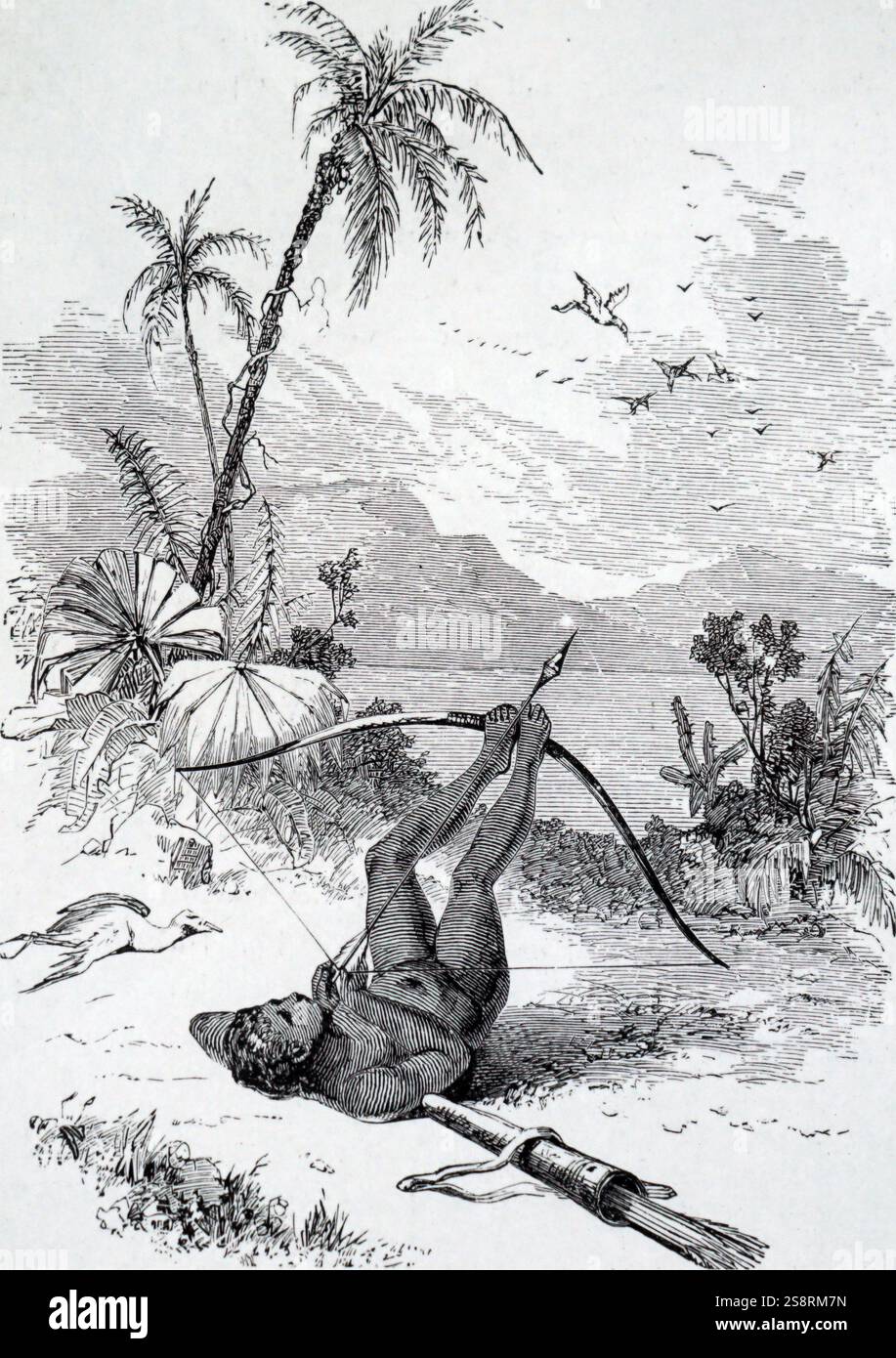 Engraving depicting a South American Indian method of using a bow and ...