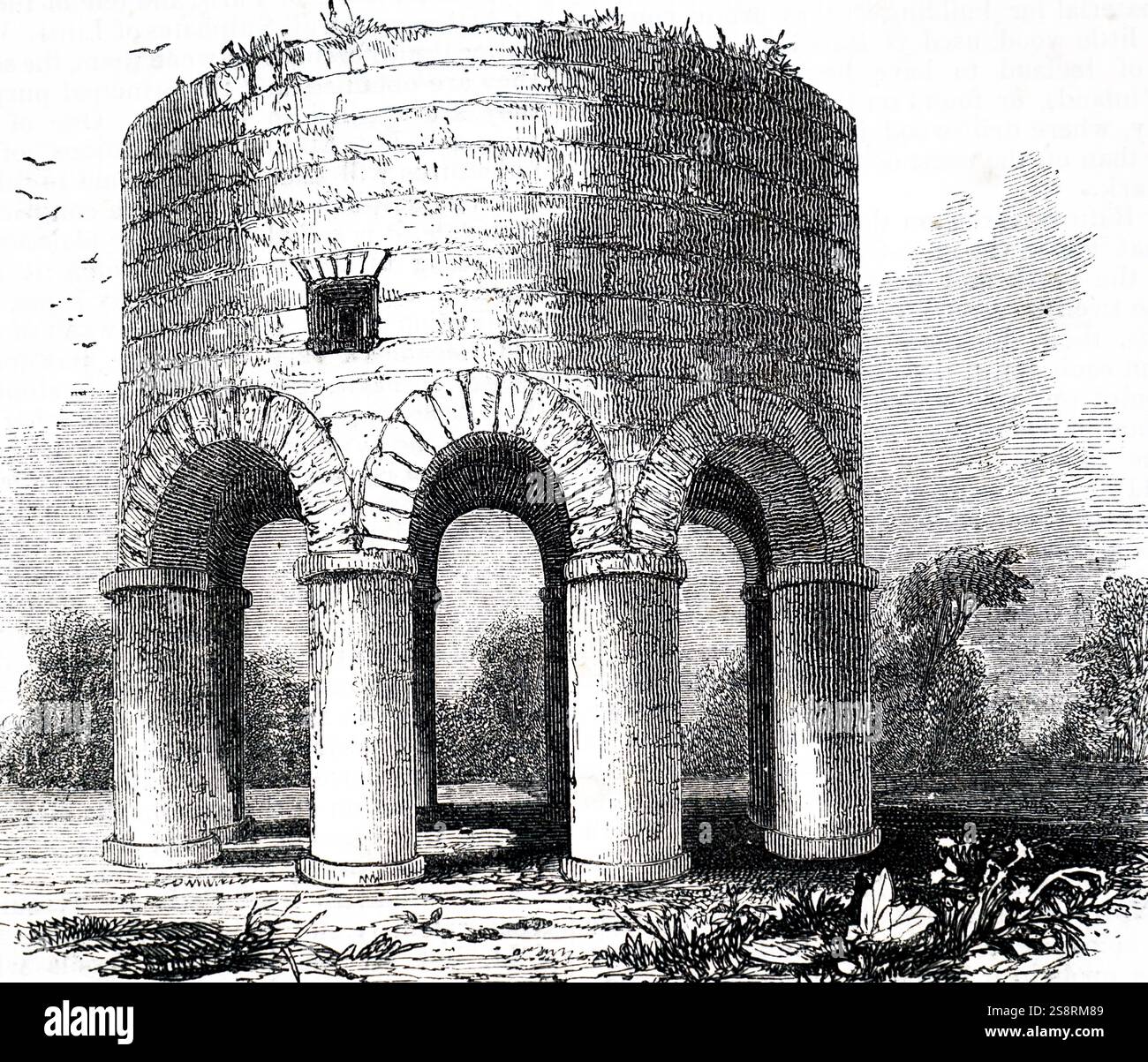 Engraving depicting the ruins of a circular tower on pillars. Dated ...