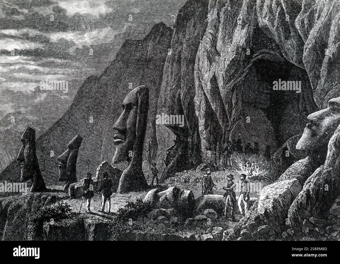 Engraving depicting the Moai, the monolithic human figures carved by ...