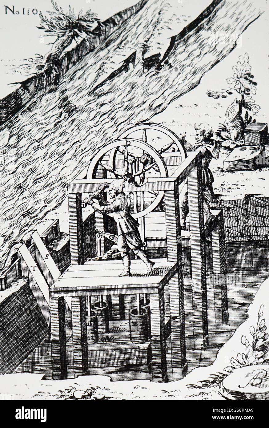 Engraving depicting the use of hand powered pumps being used to raise ...