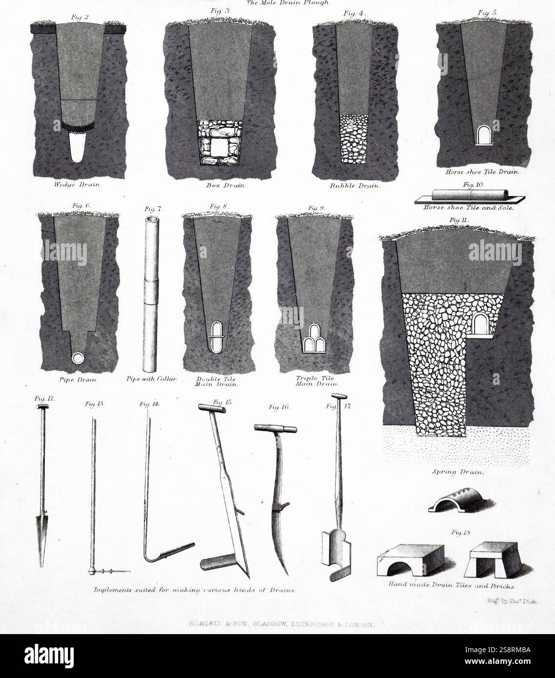 Engraving depicting a mole draining plough (top), draining tools, and ...
