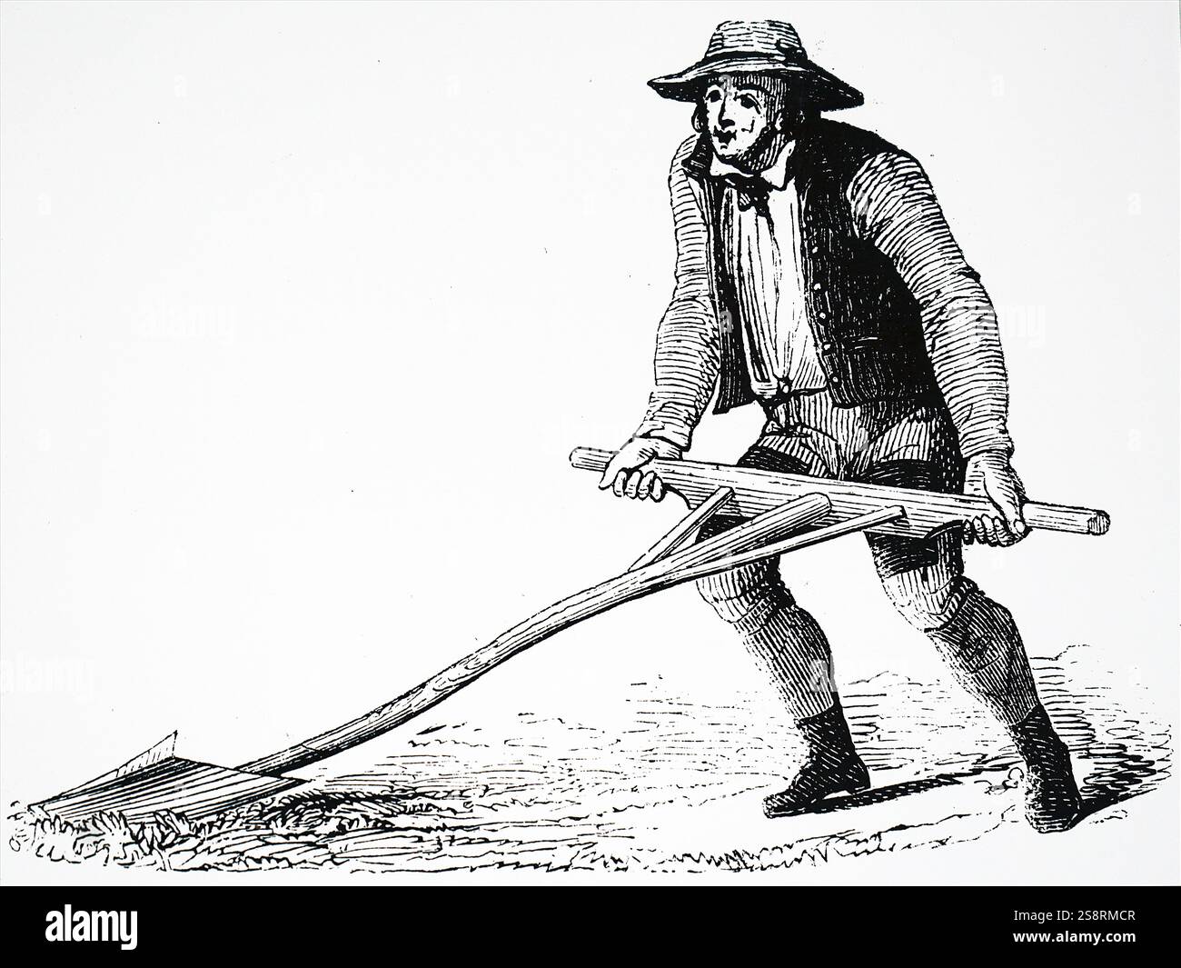 Engraving depicting a farmer using a mollebart, or a levelling spade ...
