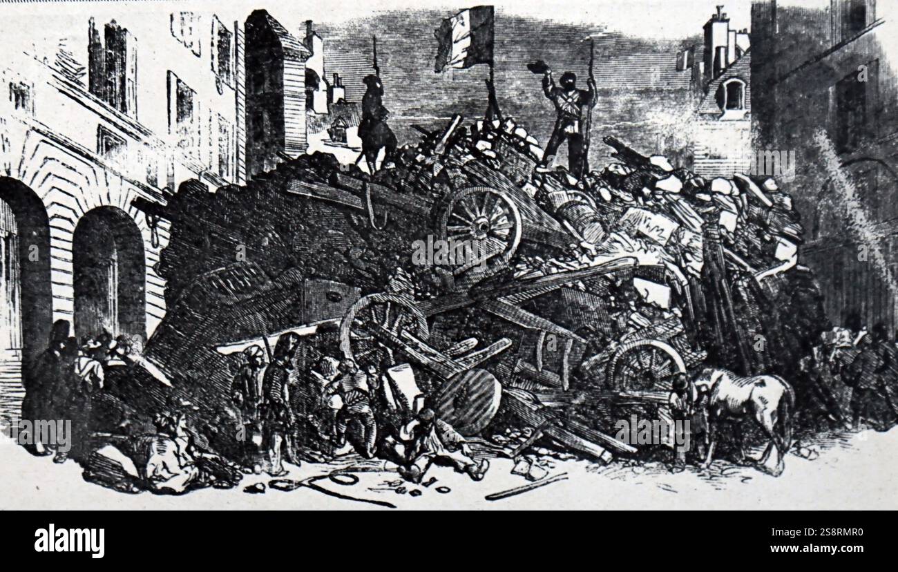 Engraving depicting a barricade made from broken wooden carts and other ...