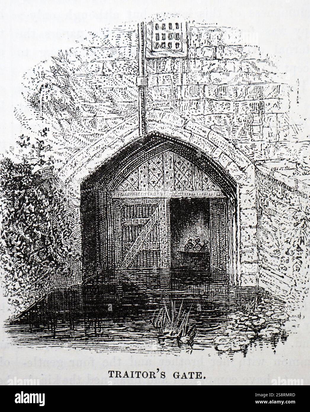Engraving depicting the Traitor's Gate, used by during the Tudor period ...