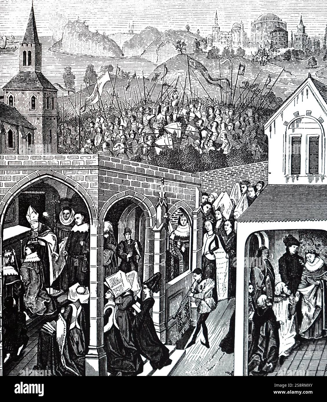 Engraving depicting the coronation of Philip II of France, he is being ...