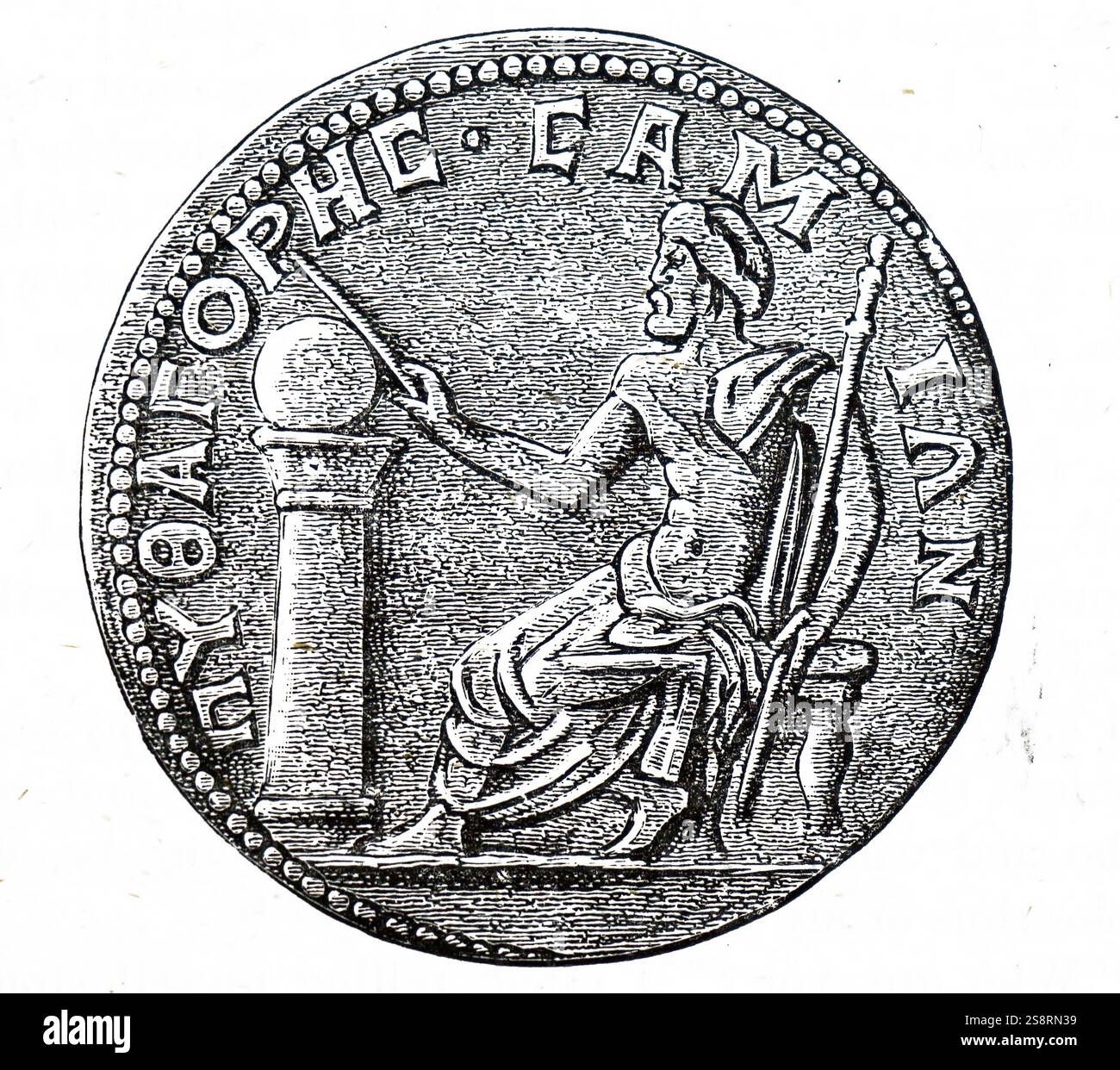 Engraving depicting Pythagoras, an Ionian Greek philosopher and the ...