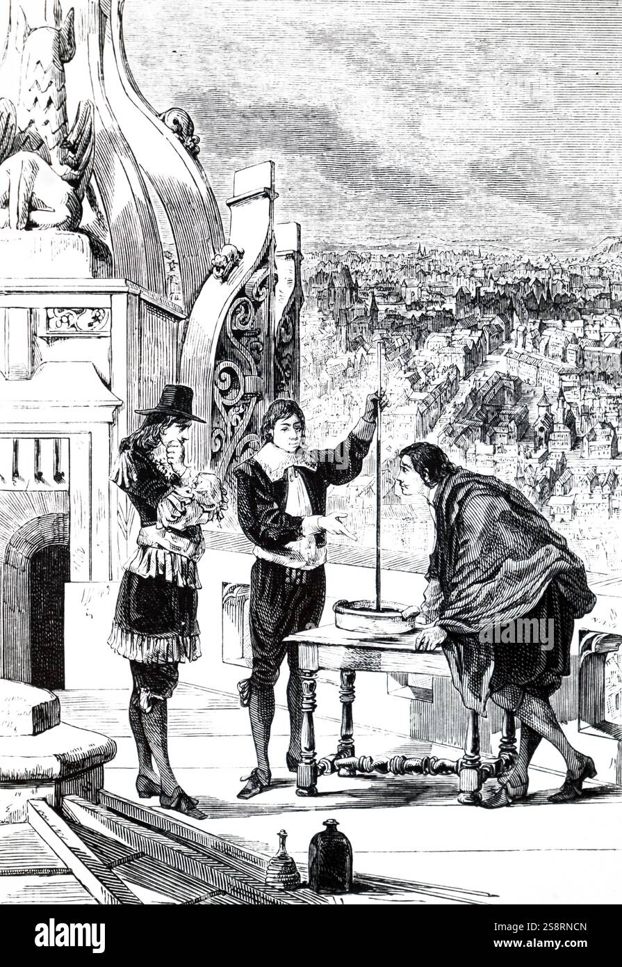 Engraving depicting Blaise Pascal carrying out experiments with the ...