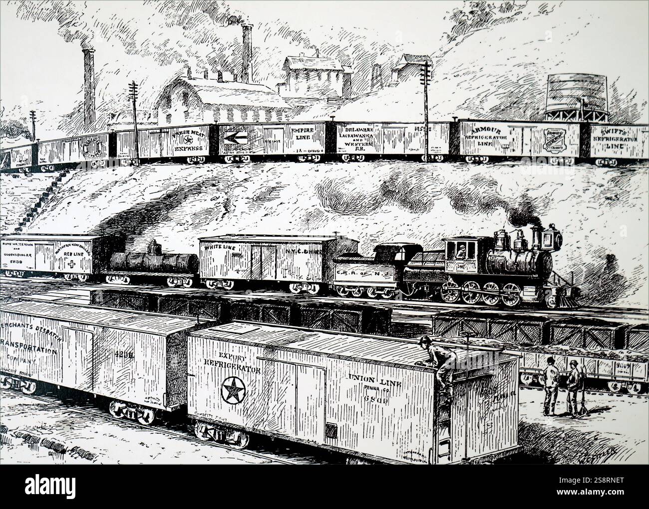 Illustration depicting various freight wagons in use in the United ...