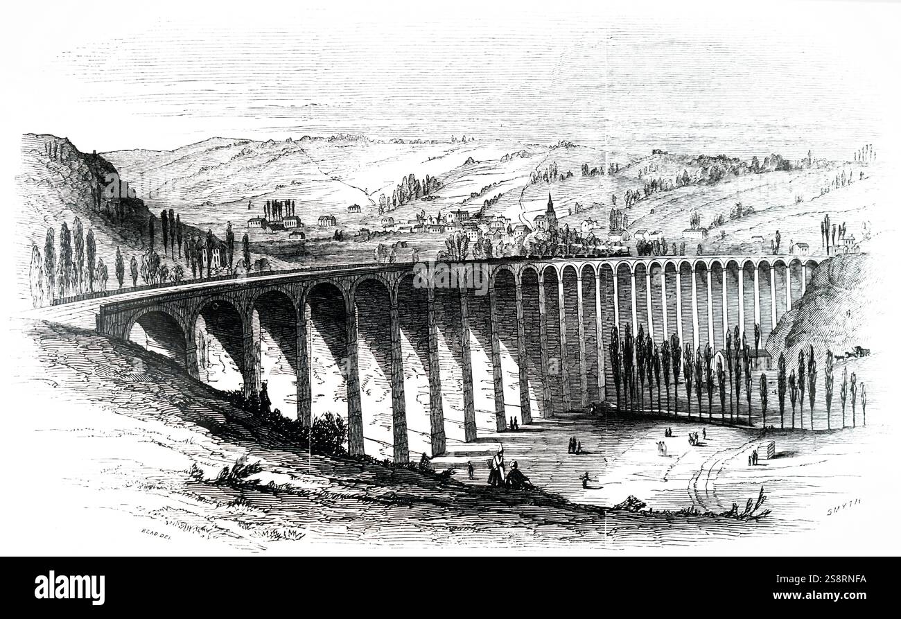 Illustration depicting a train crossing the Barentin Viaduct which ...