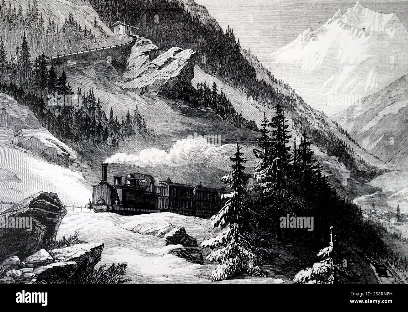 Illustration depicting a locomotive pulling a train towards the Mont ...