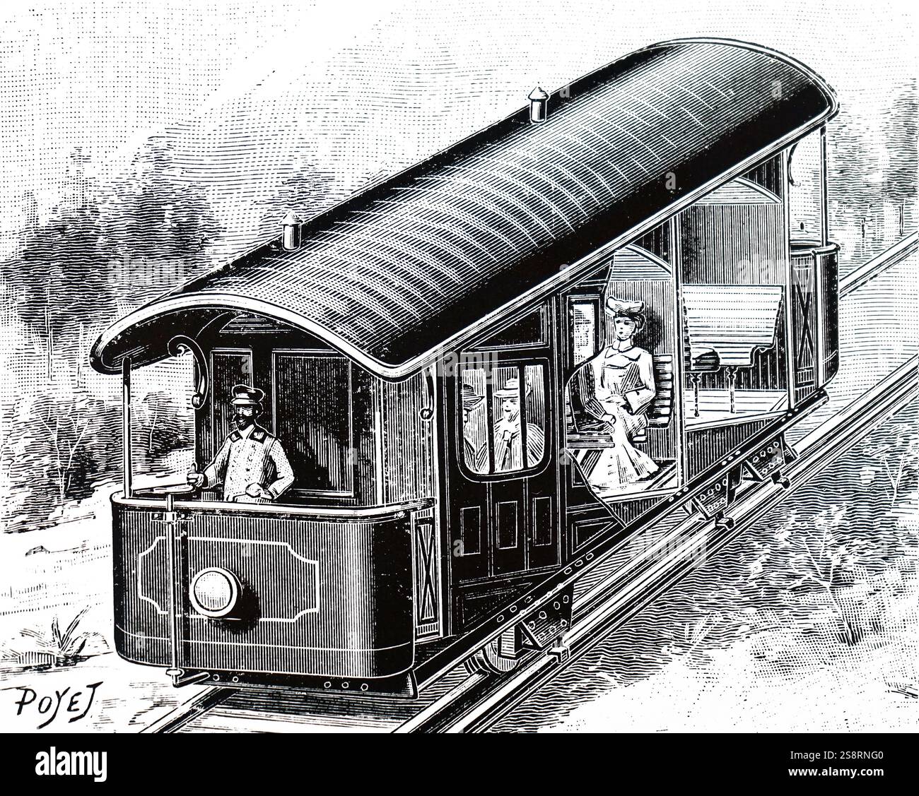 Engraving depicting the electric car on the Vesuvius funicular railway ...