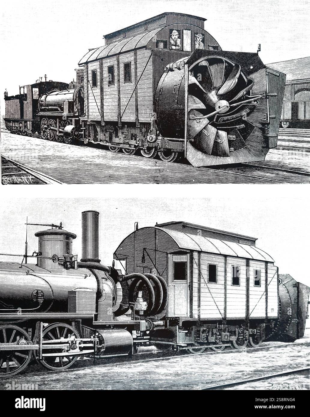 Engraving depicting a centrifugal snow plough used to clear Hungarian ...