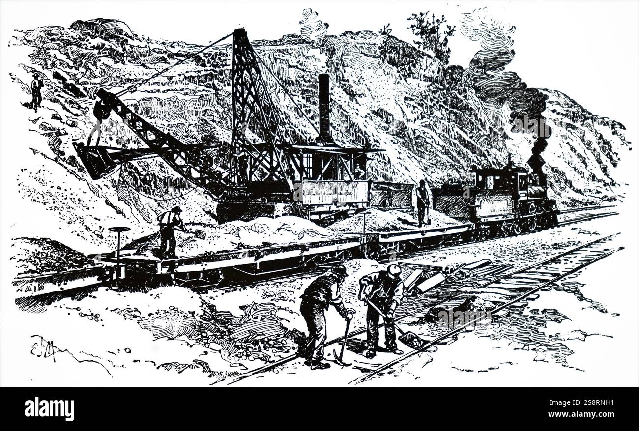 Engraving depicting a steam excavator working on a railway embankment ...