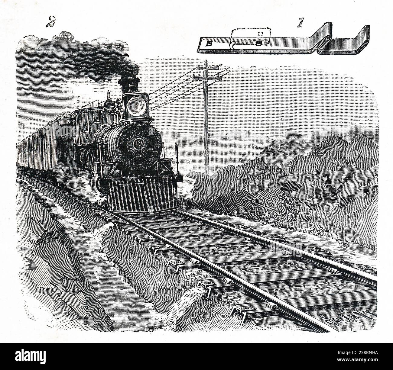 Engraving depicting a fastening for rail tracks with a train driving ...