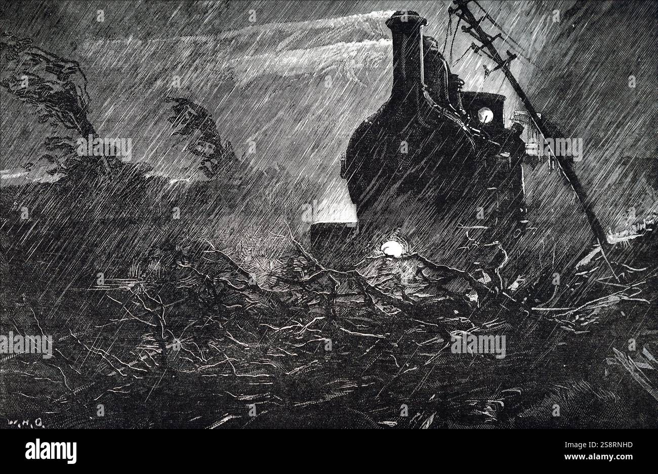 Engraving depicting a train halted by debris on the track during a rain ...