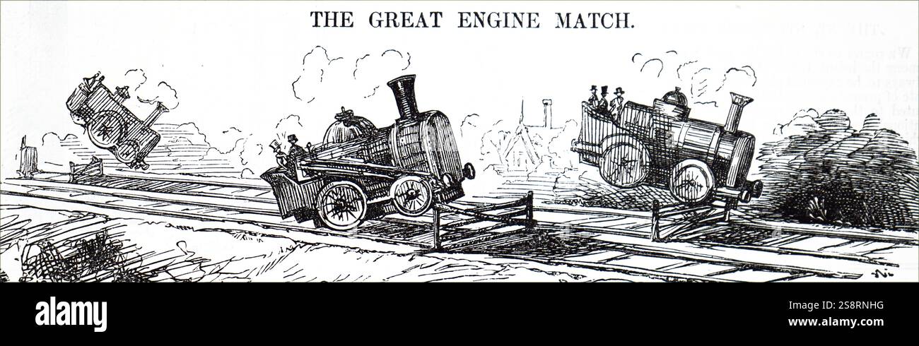 Engraved cartoon titled 'The Great Engine Match'. Dated 19th century ...