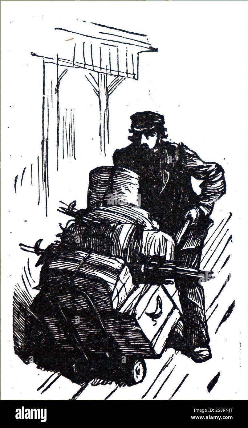 Illustration depicting a station porter transporting heavy luggage to ...