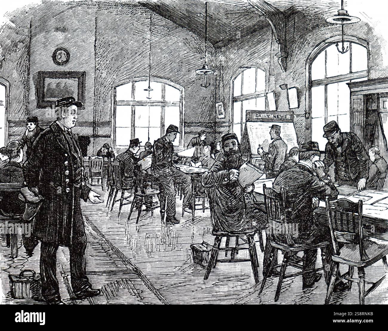 Illustration depicting the interior of a railway station staff room ...