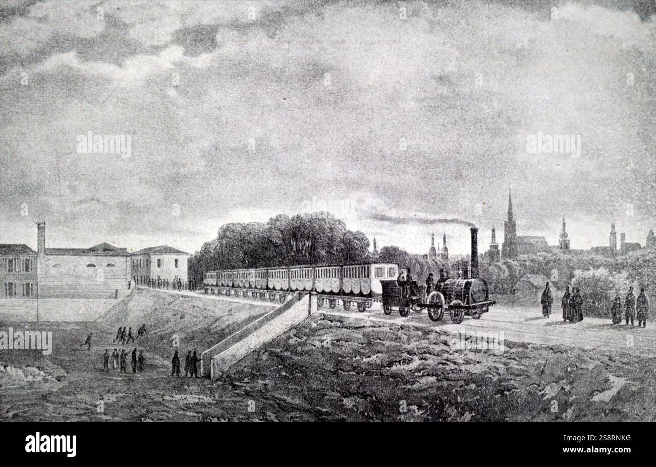 Illustration depicting the first steam railway in Austria. The train is ...