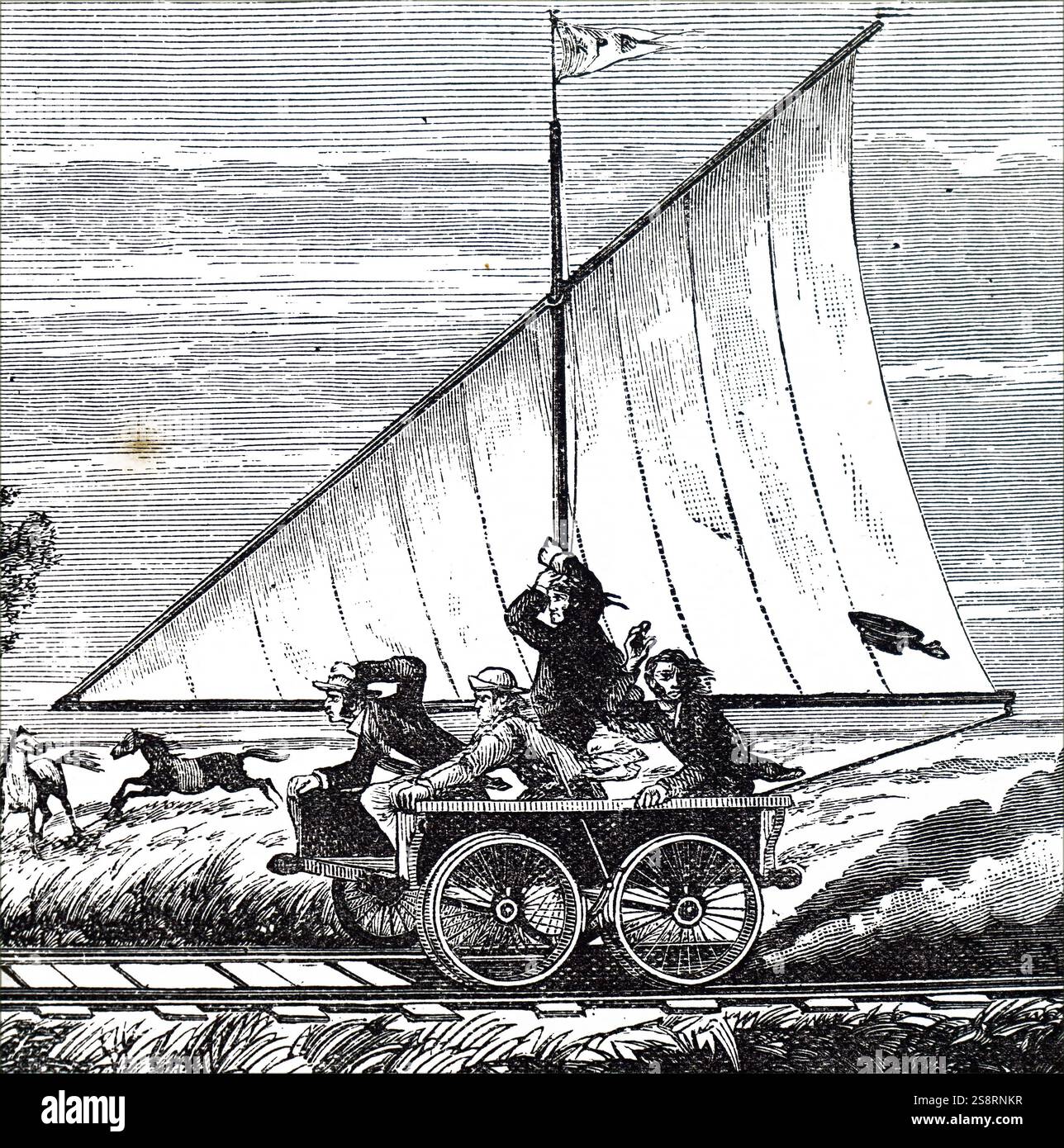 Illustration depicting a wind carriage on the Kansas Pacific Railroad ...