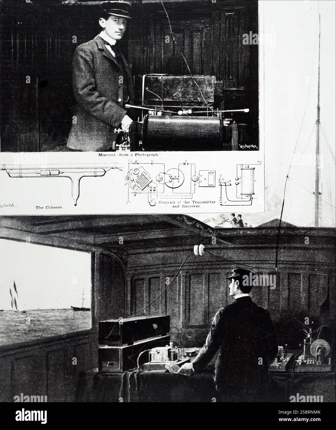 Illustration depicting Marconi's wireless telegraph being used to ...