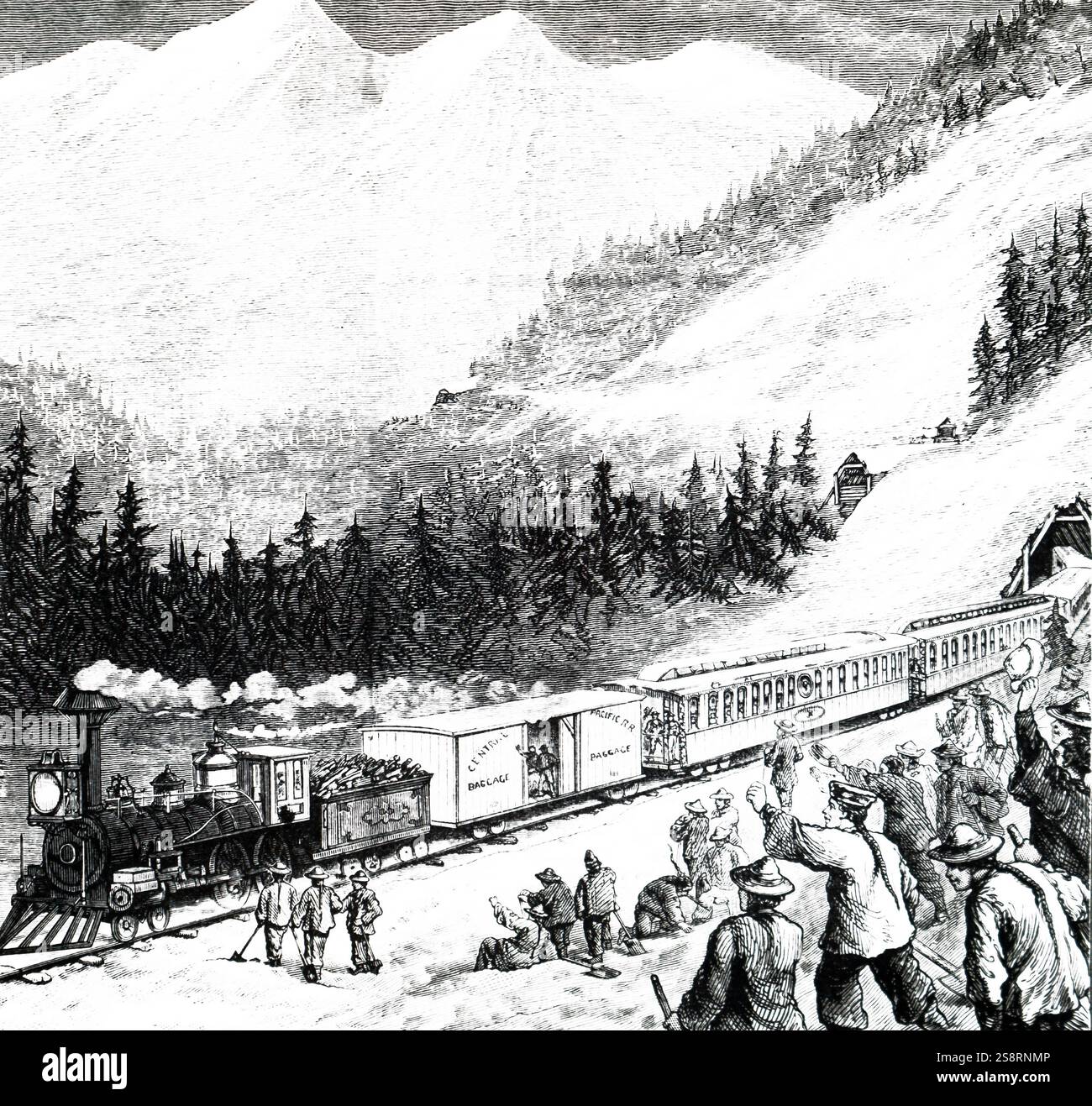Illustration depicting Chinese labourers clearing snow on the Pacific ...