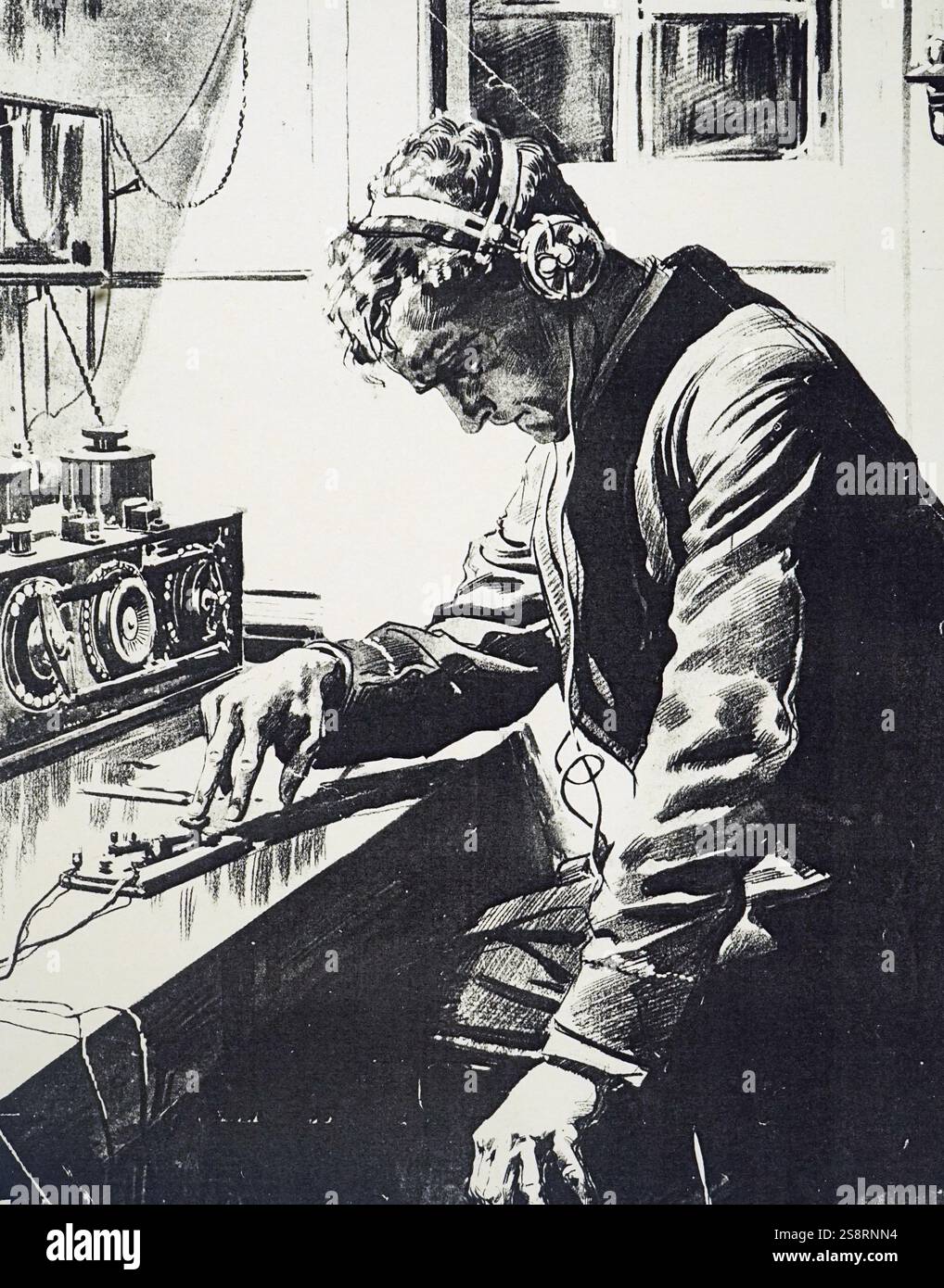 Illustration depicting a wireless telegraph operator on a ship. Typical ...