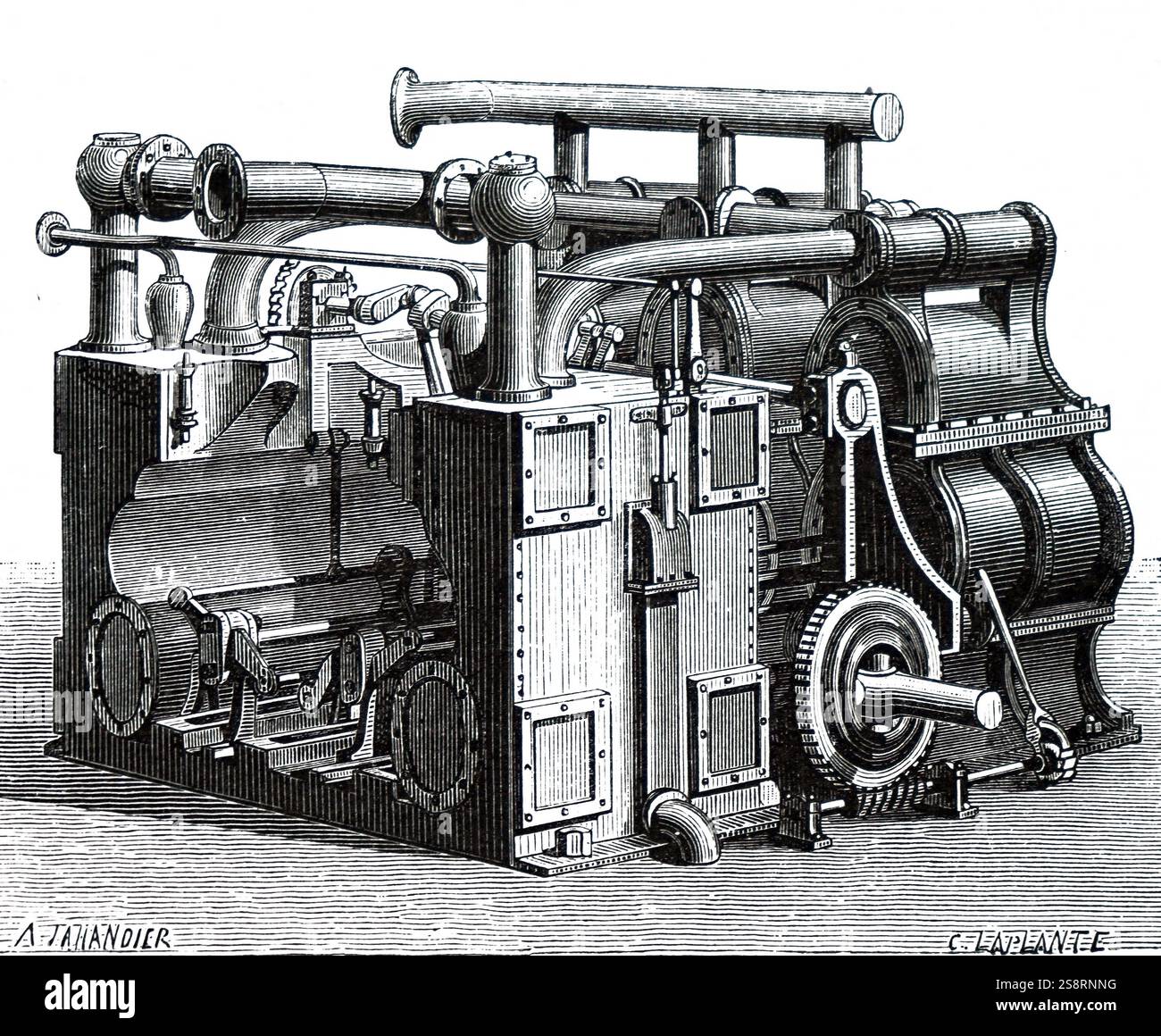 Illustration depicting a compound steam engine of the French screw ...