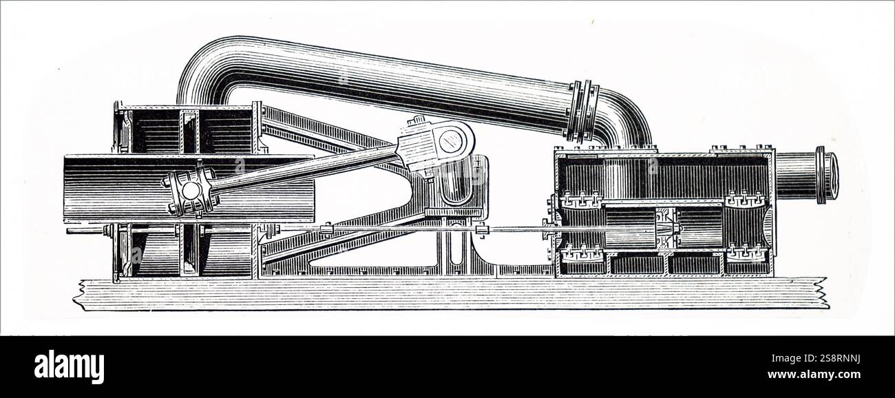 Illustration depicting an early steam turbine, a device that extracts ...