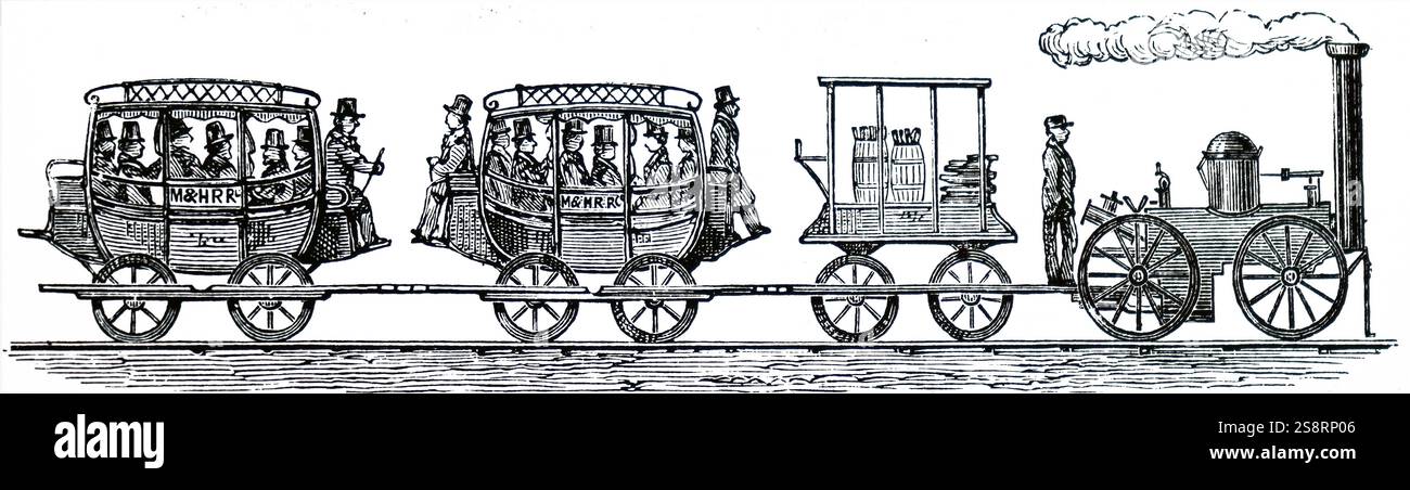 Illustration depicting an early locomotive which pulled a short train ...