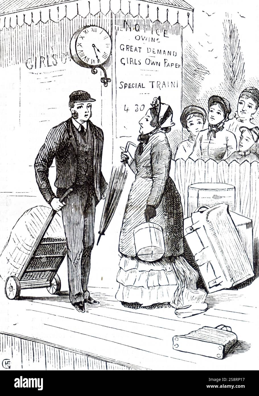Illustration depicting a railway porter bringing a passenger her ...