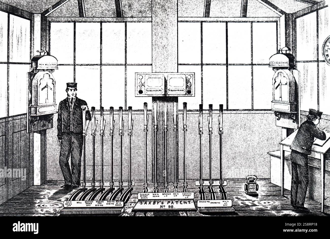 Illustration depicting the signal box at Waterloo on the Charing Cross ...