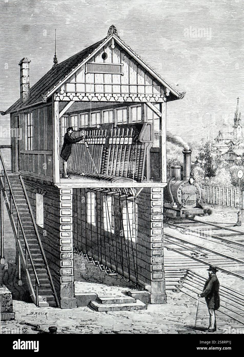 Illustration depicting a sectional view of a French signal box. Dated ...
