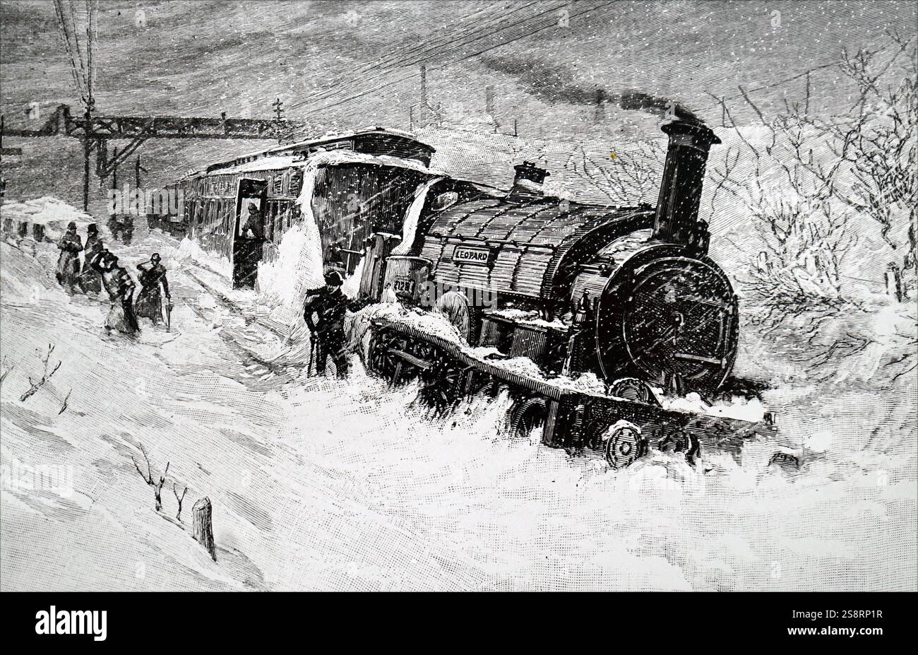 Illustration depicting a train de-railed by heavy snow. Dated 19th ...