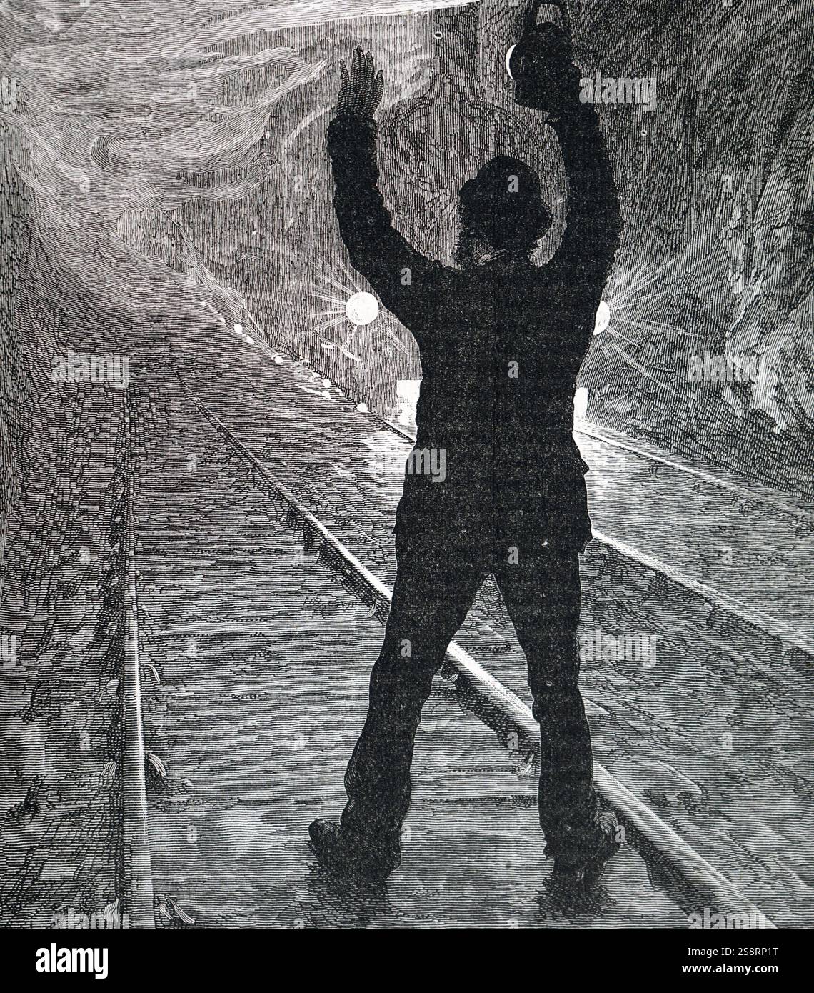 Illustration depicting a man trying to stop a train during an emergency ...