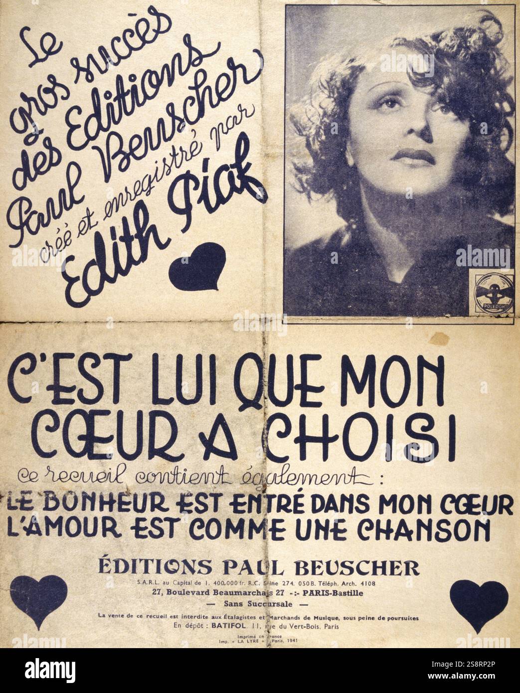 Music book for 'Mon Coeur a Choisis' sung by French singer Edith Piaf ...