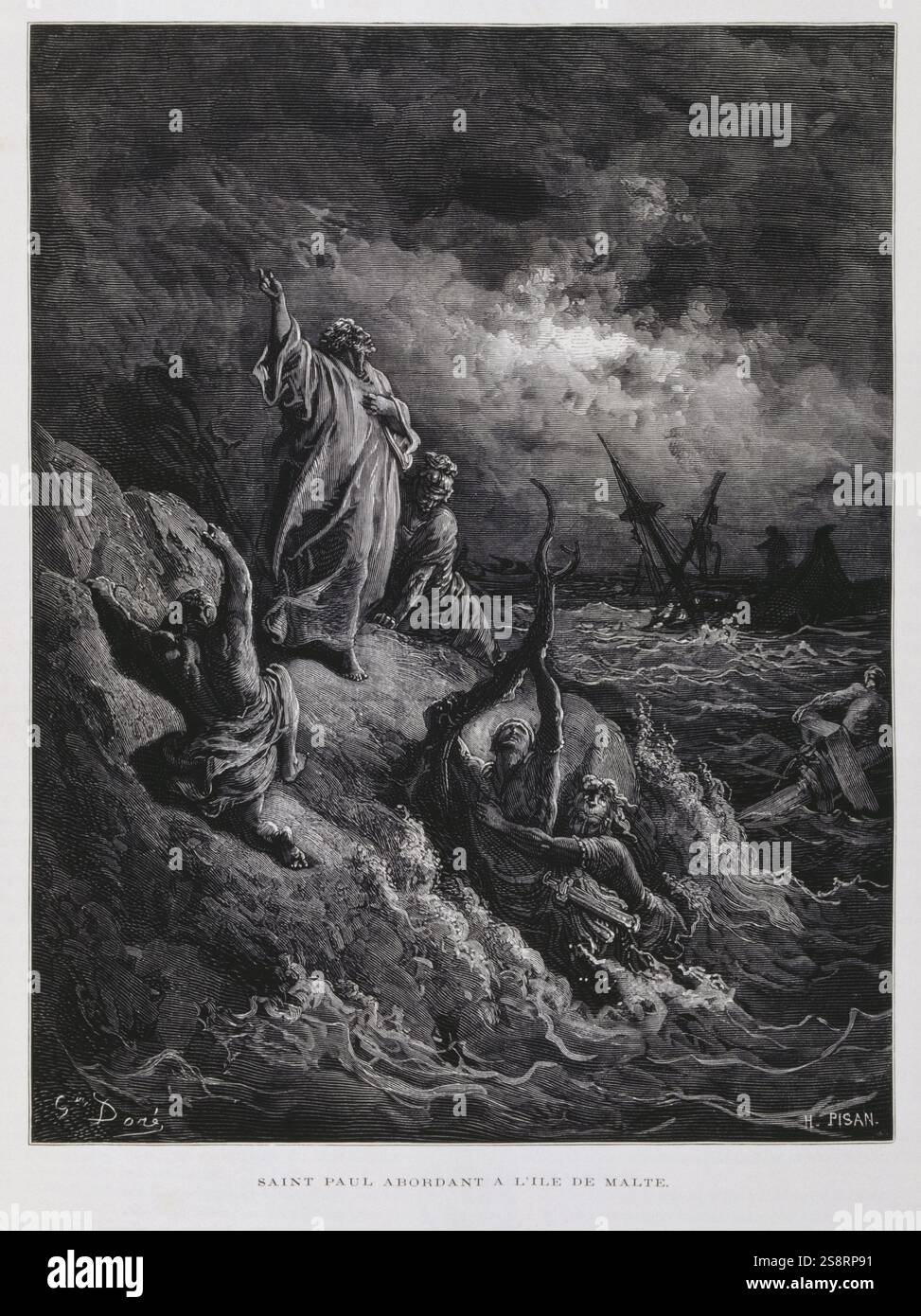 St Paul Landing at Malta, Illustration from the Dore Bible 1866. In ...