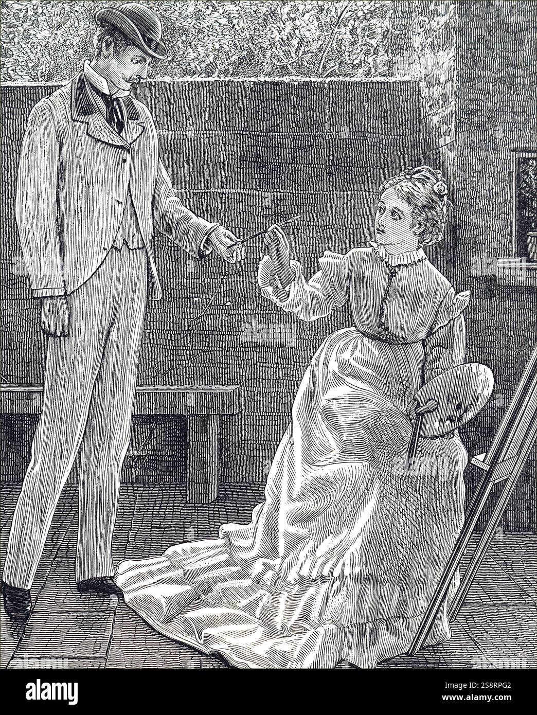 Illustration depicting a young woman presenting her work to her father ...